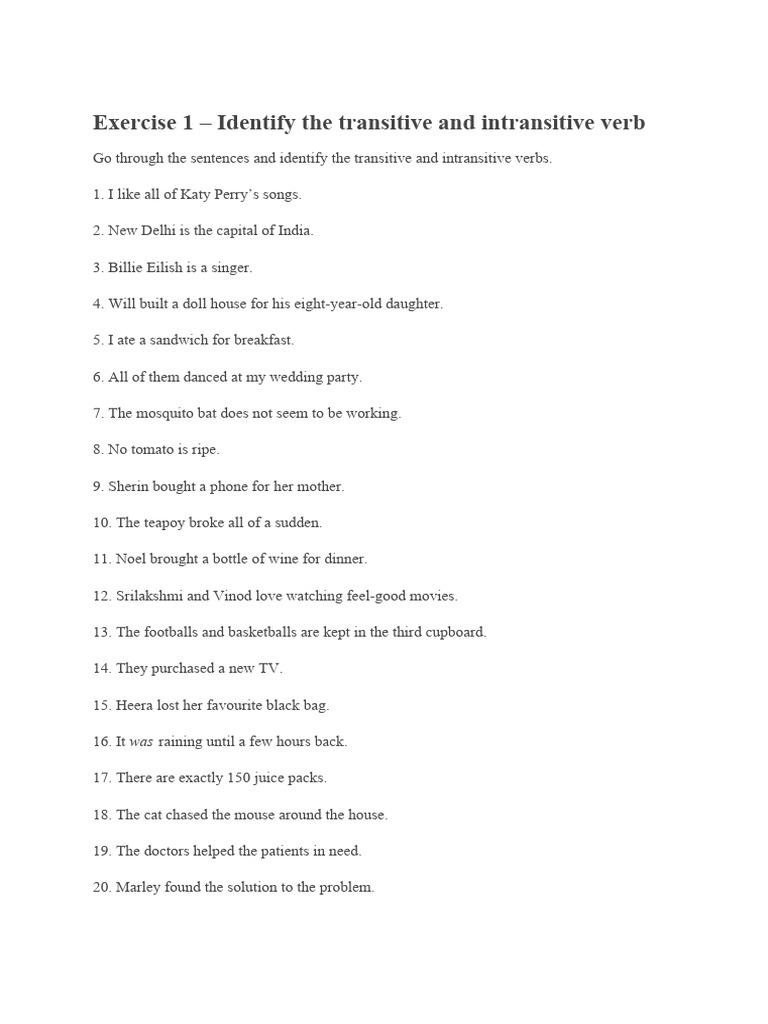 Exercise 1 – Identify the transitive and intransitive verb | PDF | Verb ...