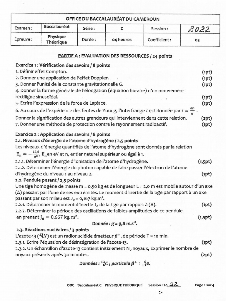 Bac C 2022 Physique Theorique | PDF