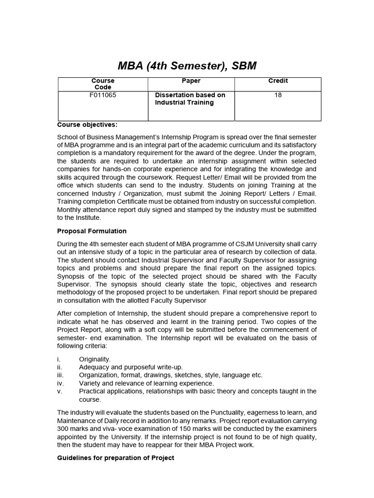 MBA 4th Semester Dissertation Guide | PDF | Master Of Business ...