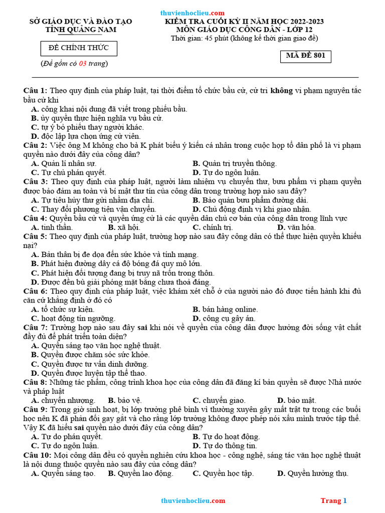 GDCD 1 Đáp Án | PDF