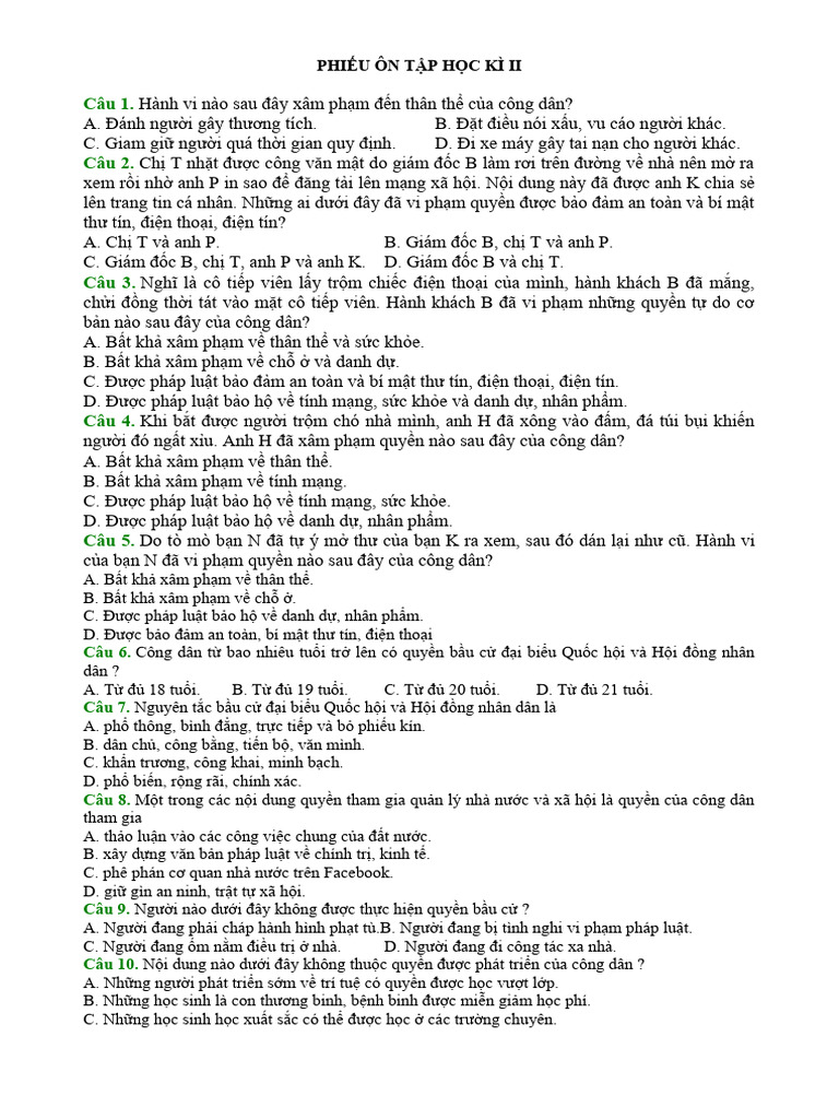 Phiếu ôn tập HKII | PDF