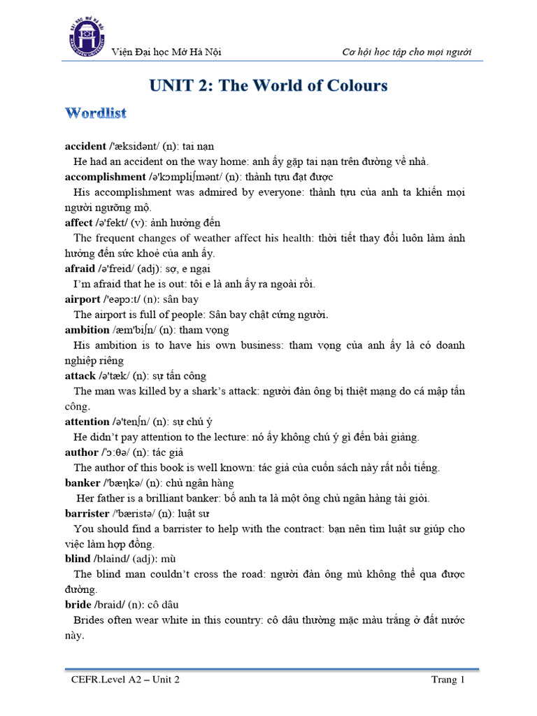 UNIT 2 The World of Colours - WORDLIST | PDF