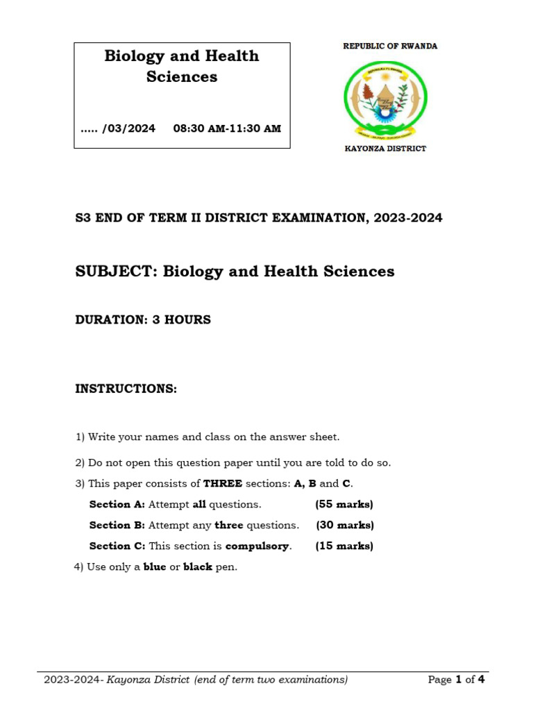 S3 Biology End of Term2 District Exam, 2023-2024 | PDF | Digestion | Nerve