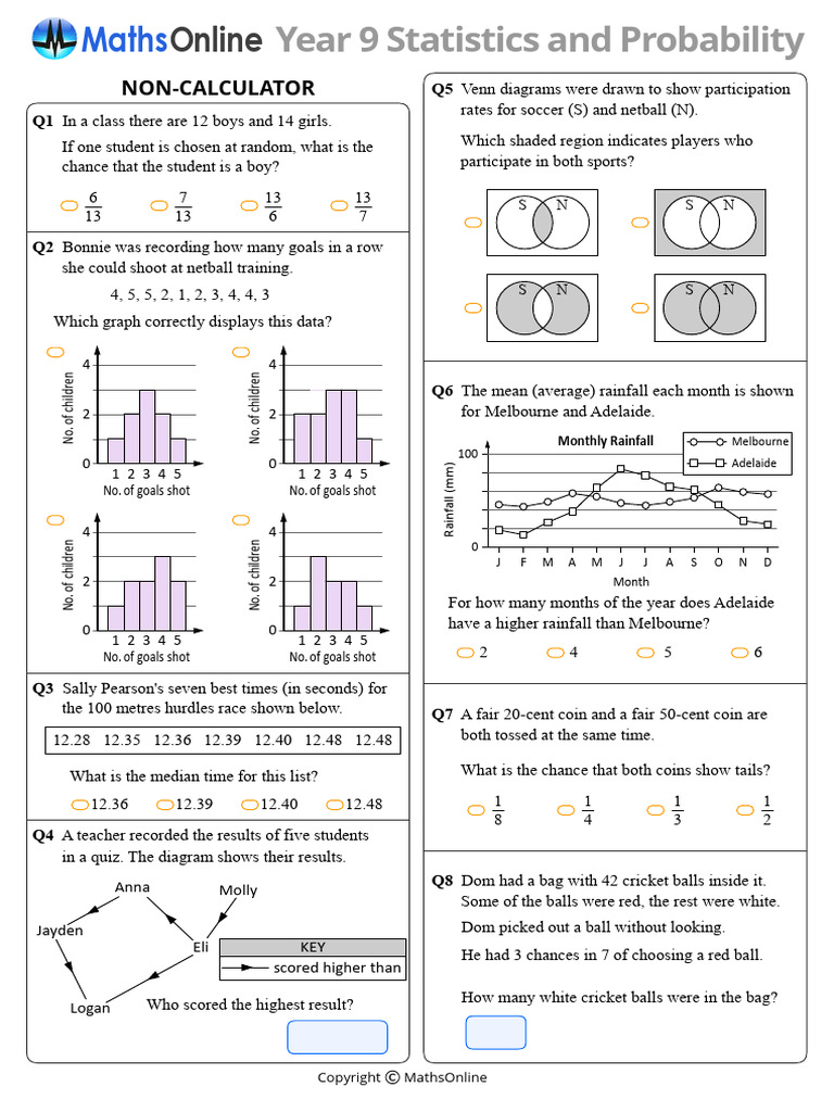 Year9 Revision Statistics and Probability Non Calc Questions | PDF