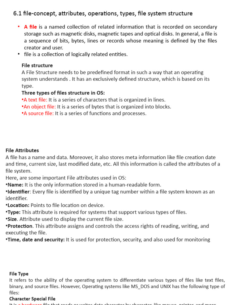 6.1 File-Concept, Attributes, Operations, Types, File System Structure ...