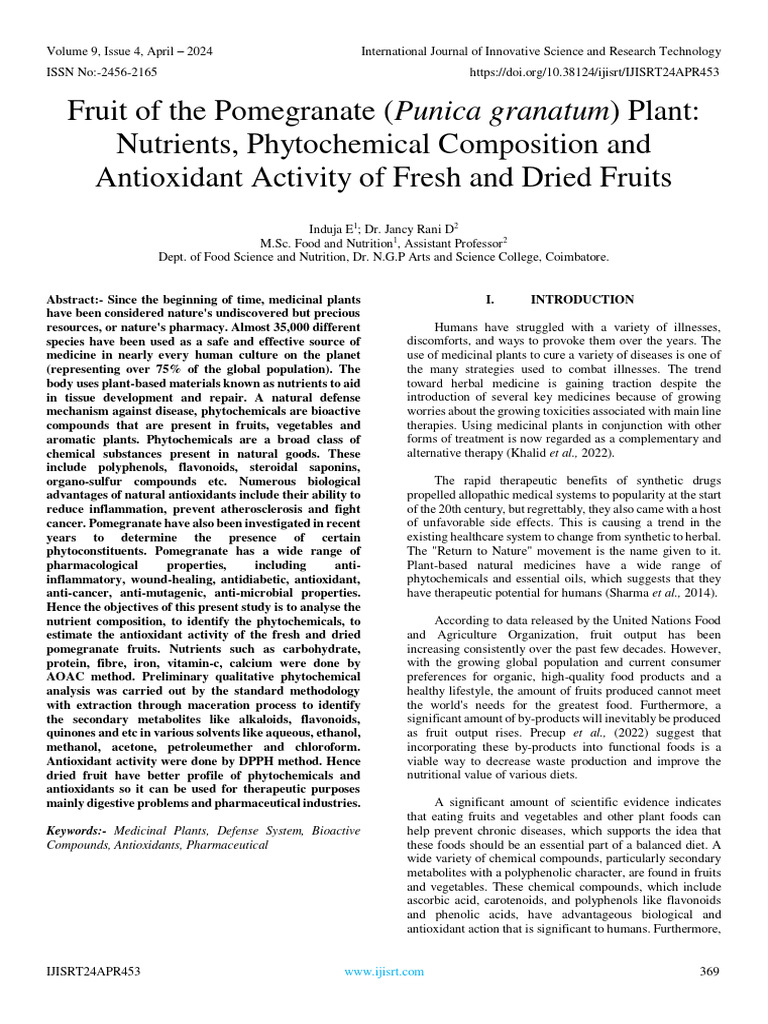 Fruit of the Pomegranate (Punica granatum) Plant: Nutrients, Phytochemical Composition and ...