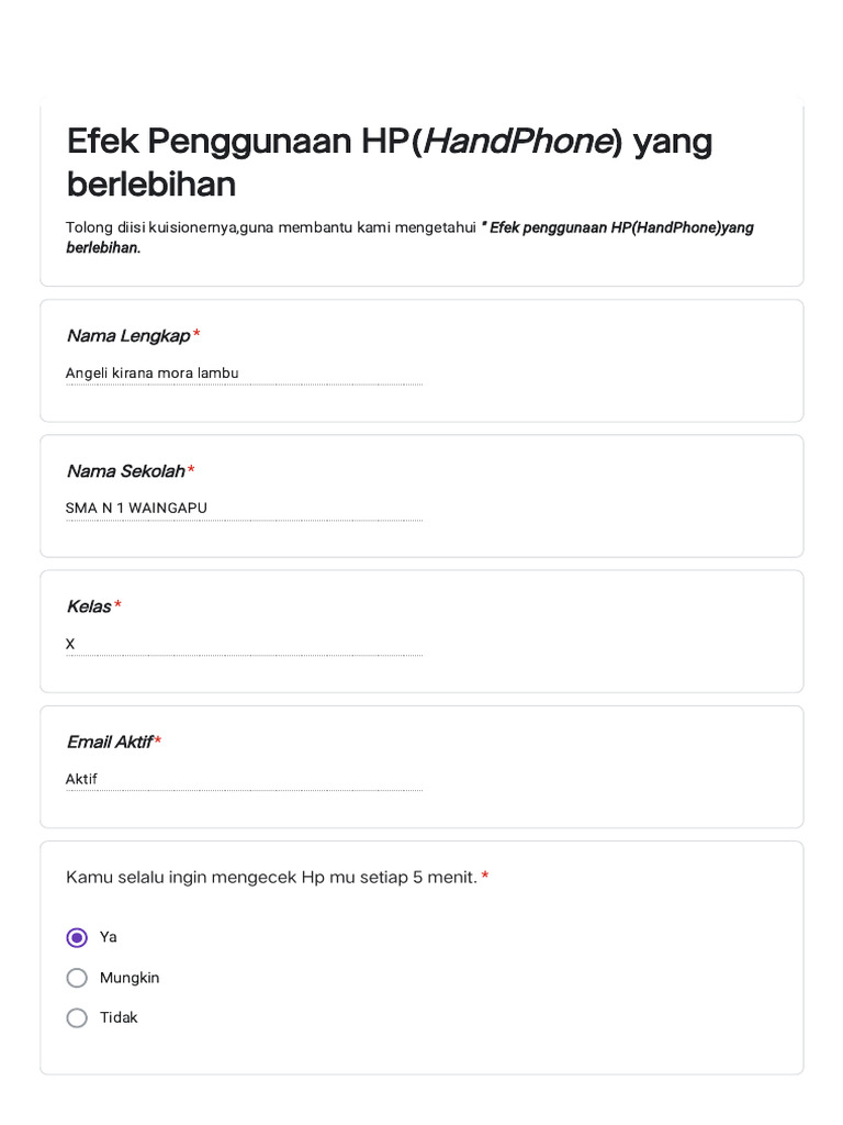 Kuisioner - Efek Penggunaan HP (HandPhone) Yang Berlebihan | PDF ...