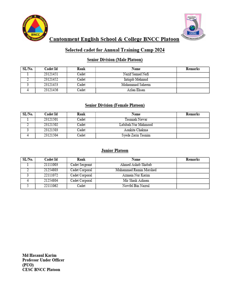 BNCC AT Camp Cadet List 2024 | PDF