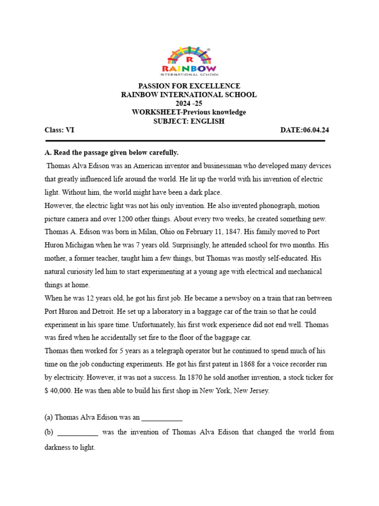 english work sheet | PDF | Thomas Edison