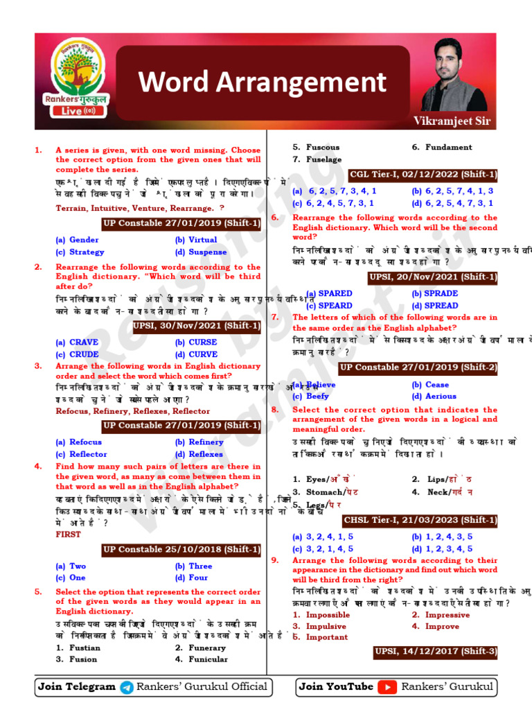Day-4 Word Arrangement 21 Din 21 Marathon by Vikramjeet Sir | PDF