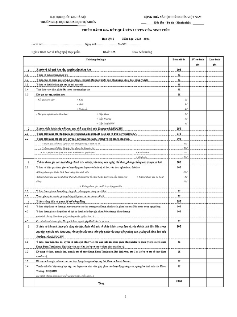 Phiếu Đánh Giá Kết Quả Điểm Rèn Luyện (HKI-2324) | PDF