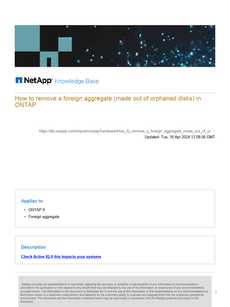 How To Remove A Foreign Aggregate (Made Out of Orphaned Disks) in ONTAP | PDF | Computing ...