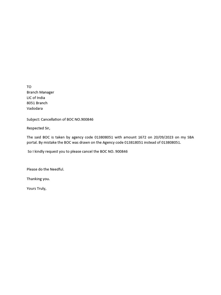 BOC Cancellation Requests for LIC Vadodara | PDF