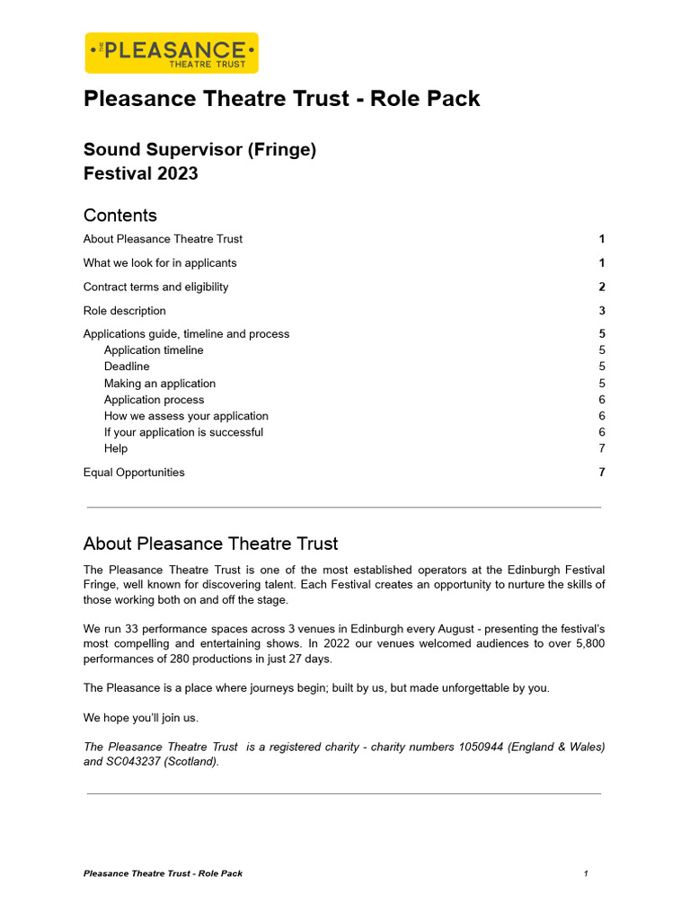 Role Pack - Sound Supervisor - Fringe 2023 - Pleasance Theatre Trust ...