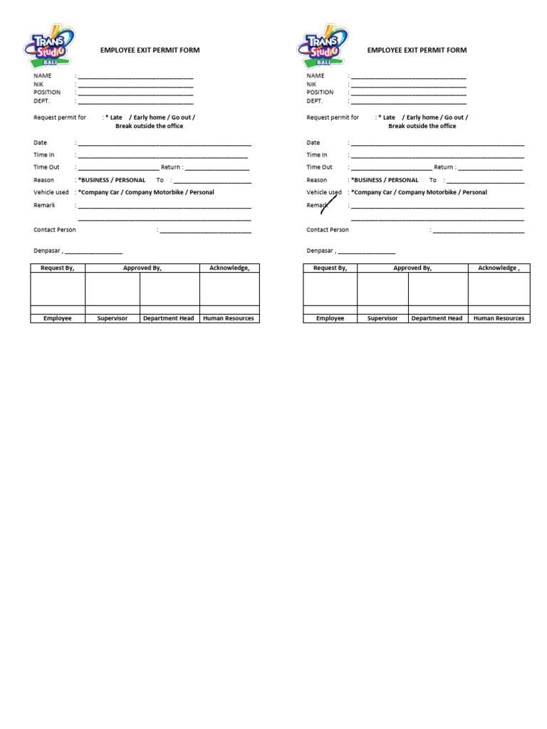 Form 047 - Exit Permit v2.Doc | PDF | Employee Relations | Vehicles
