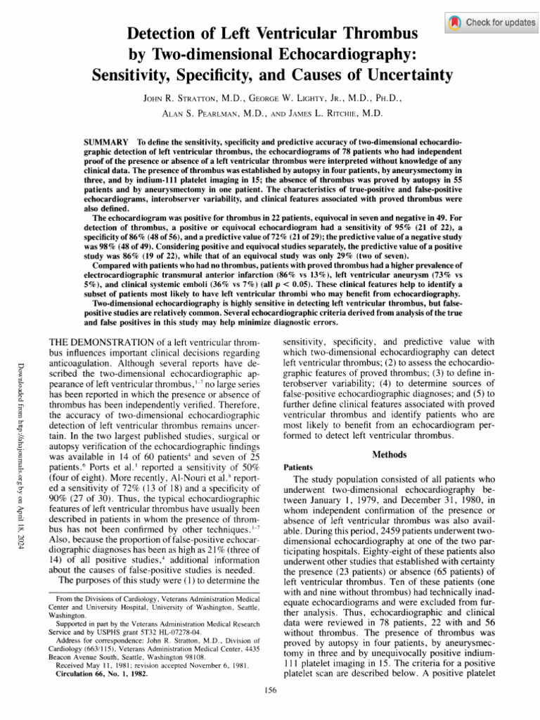 Stratton Et Al 1982 Detection of Left Ventricular Thrombus by Two Dimensional Echocardiography ...