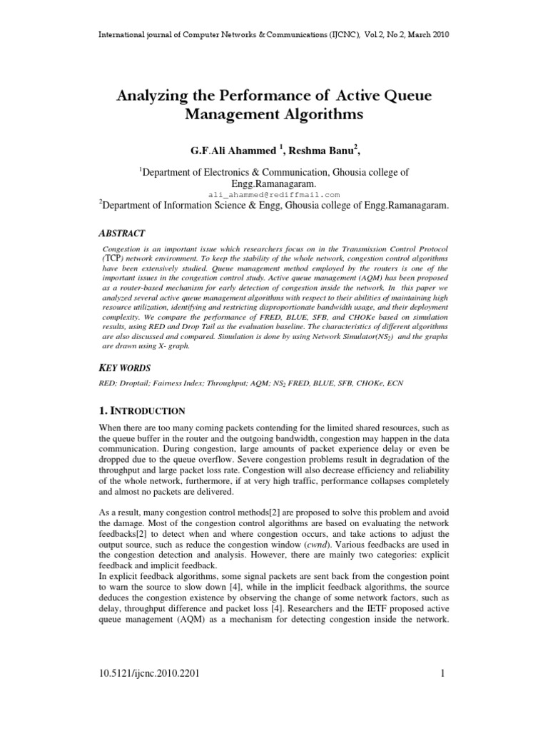 Analyzing The Performance Of Active Queue Management Algorithms Pdf Network Congestion