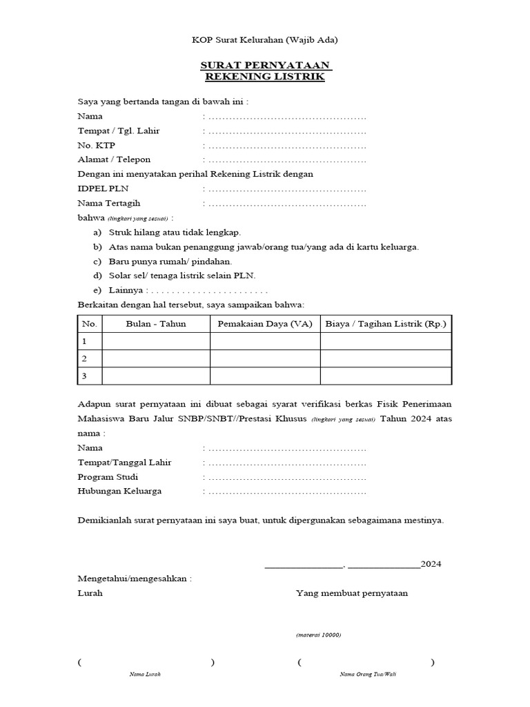 Surat Pernyataan Tagihan Listrik | PDF