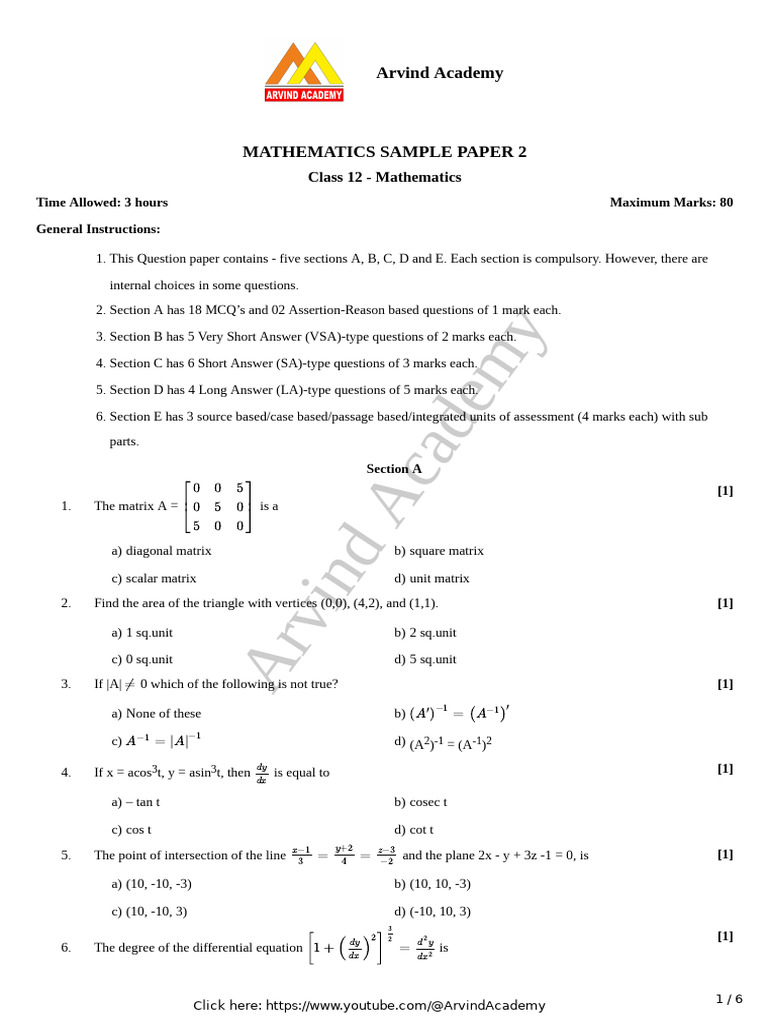 Mathematics Question Sample Paper 2 | PDF | Monotonic Function | Functions And Mappings