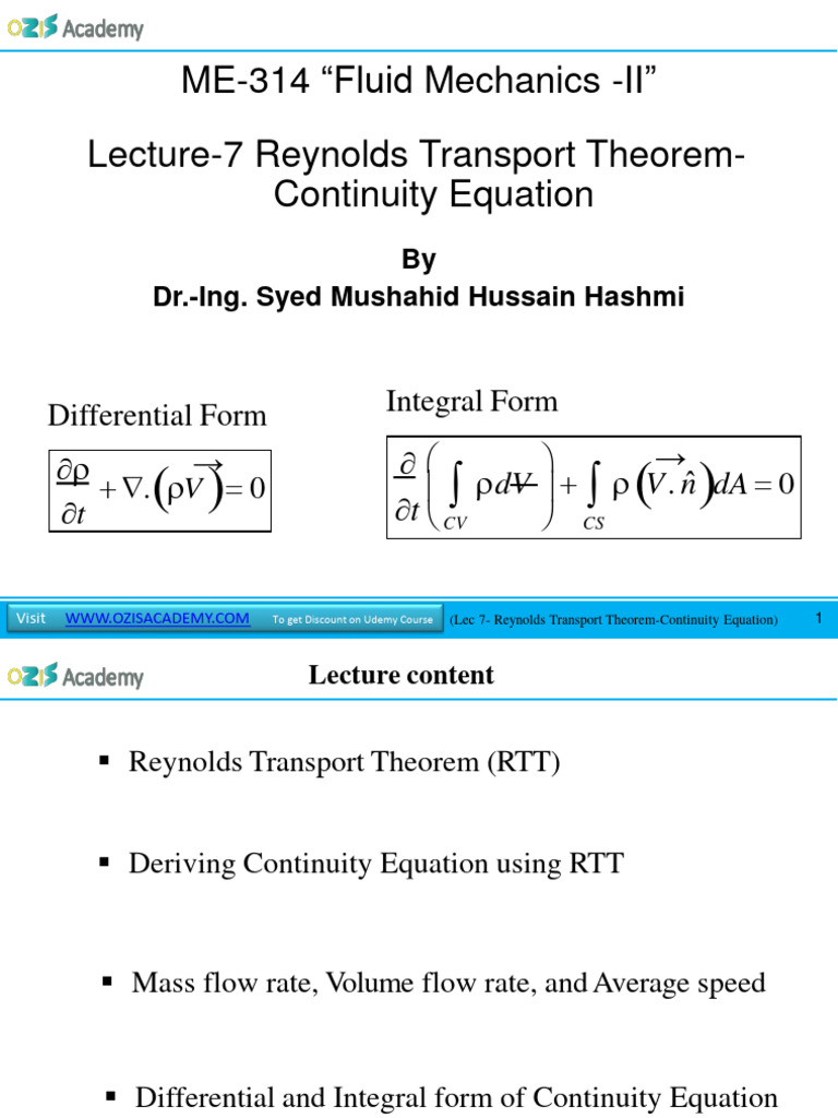 Lecture 7 Reynolds Transport Theorem Continuity Equation Pdf Fluid
