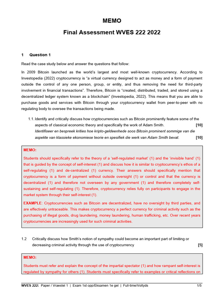 WVES 222 Exam Paper + MEMO - 2022 | PDF | Cryptocurrency | Bitcoin