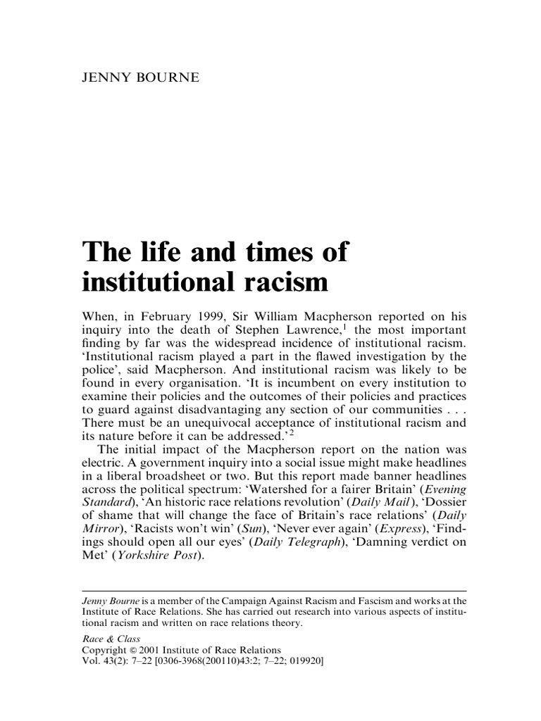 Bourne 2001 The Life and Times of Institutional Racism | PDF | Racism ...