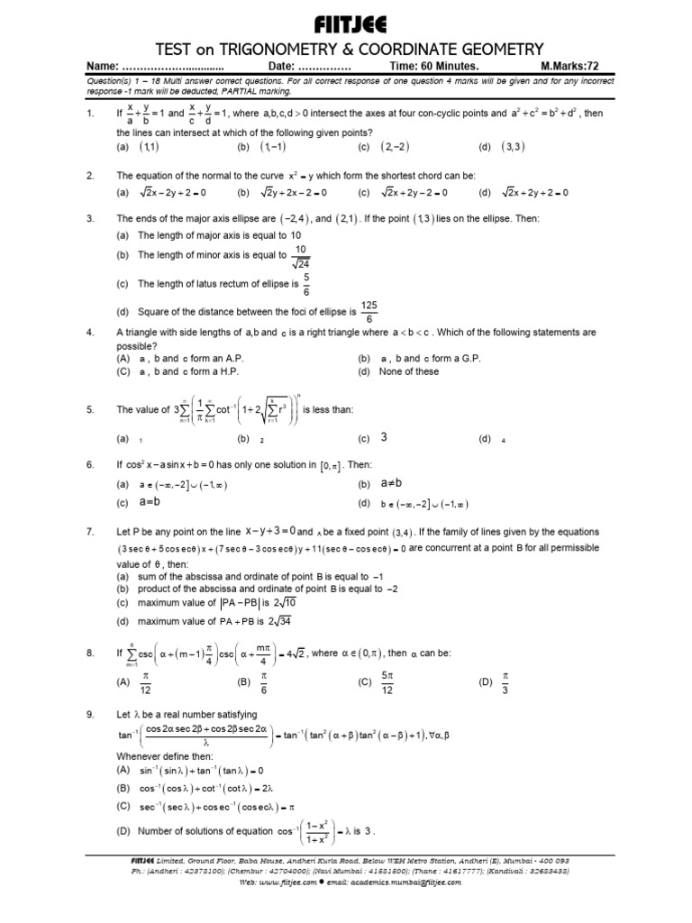 Test Trigonometry+coordinate Geometry 1 1 Without Answer Key | PDF ...