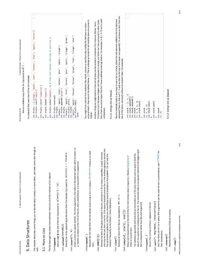 Data Structures - Python 3.12.1 Documentation PDF | PDF