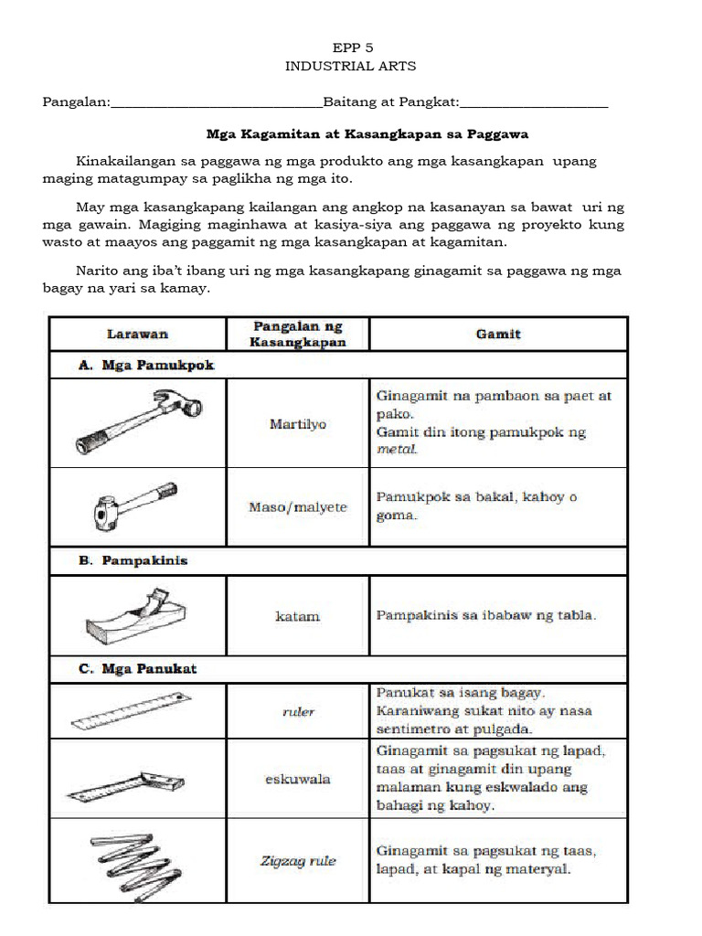 4Q Ia Activity Sheet Mga Kagamitan at Kasangkapan Sa Paggawa | PDF