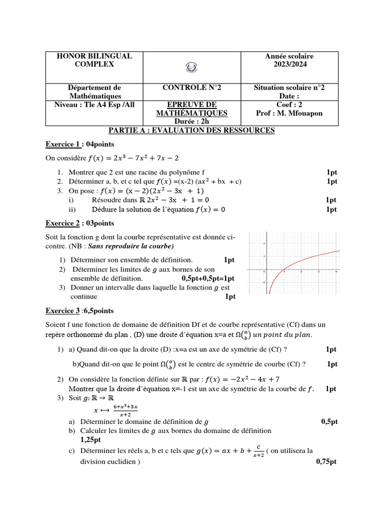 Contrôle de maths Tle A4 - Semestre 2 | PDF | Nombre réel | Analyse ...