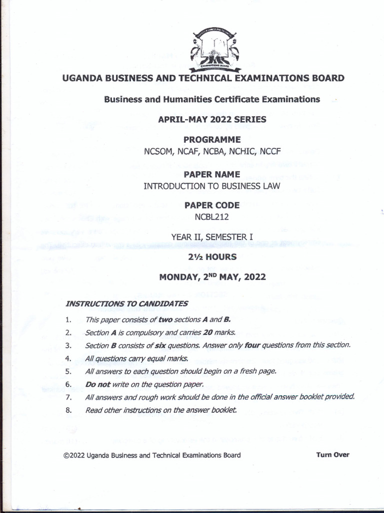 Ubteb Past Paper Ncbl212 Business Law0001 May 2022 | PDF