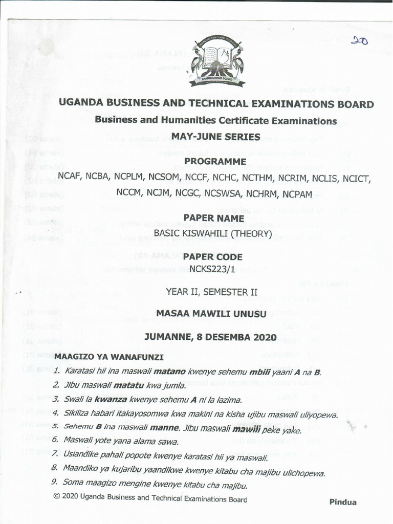 Ubteb Past Paper Ncks223 - 1basic Swahili (Theory) Dese 2020 | PDF