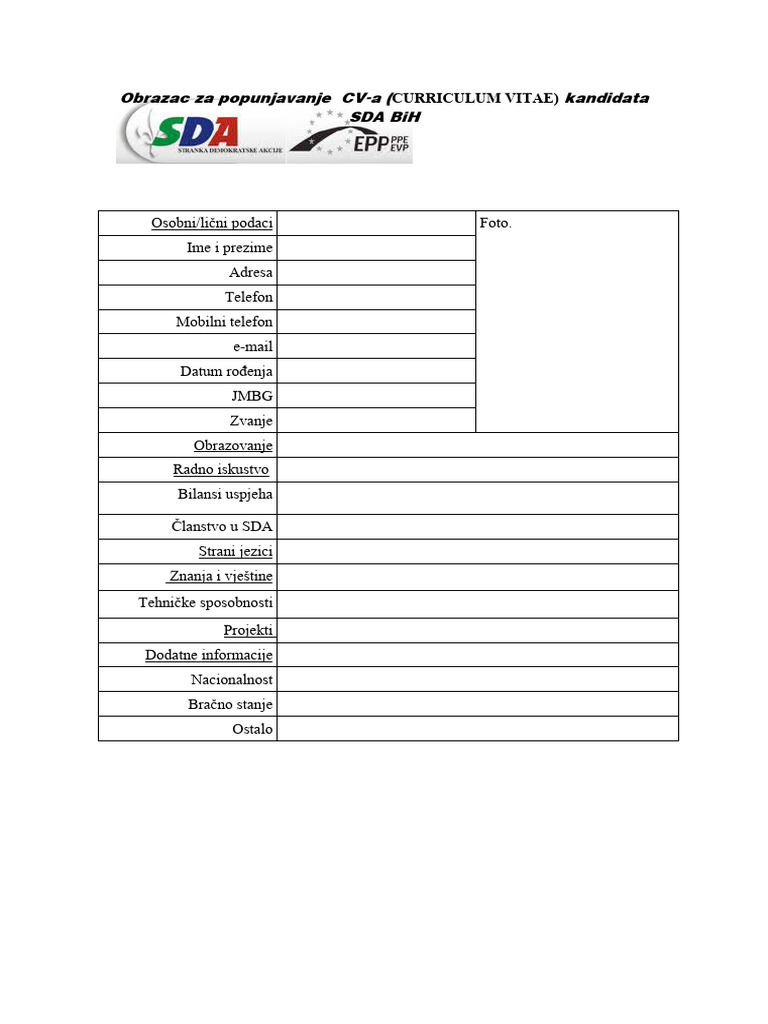 CV - Obrazac - Bjanko | PDF