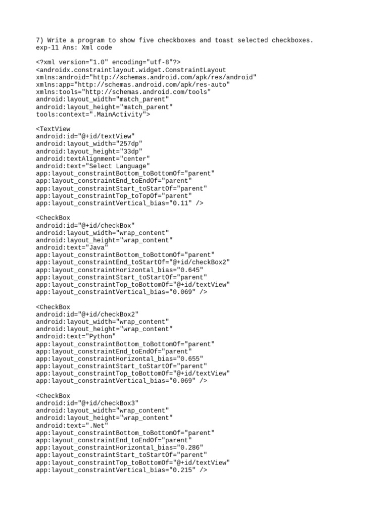 7) Write A Program To Show Five Checkboxes | PDF | Java (Programming Language) | Android ...