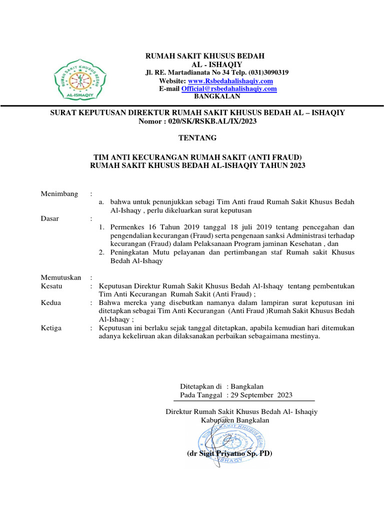Pembentukan Tim Anti Fraud RSKB Al-Ishaqiy | PDF