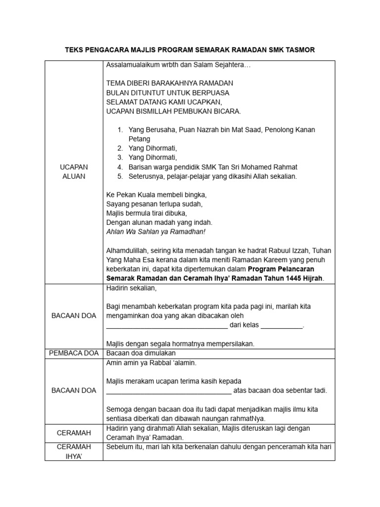 Semarak Ramadan SMK Tasmor 1445H | PDF