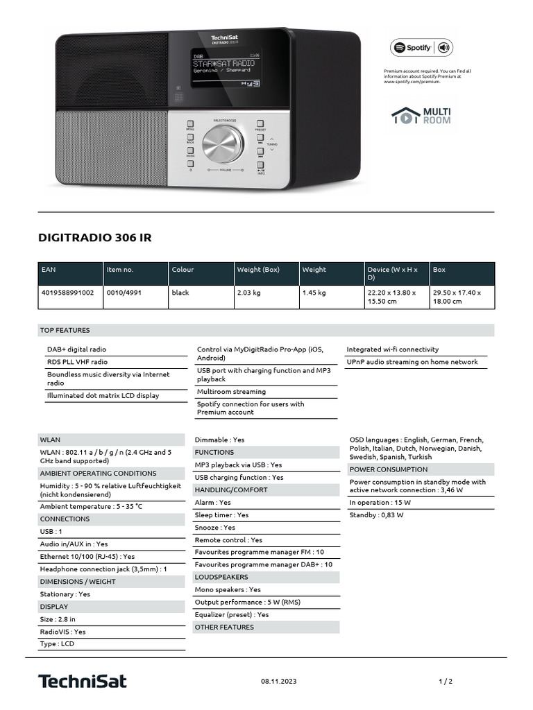 Technical Data Sheet DIGITRADIO 306 IR | PDF | Radio | Usb