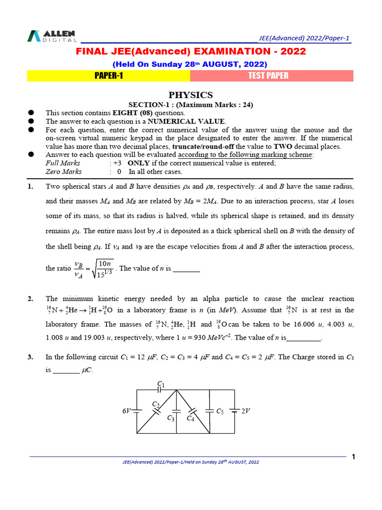 JEE Advanced Paper 1 | PDF | Capacitor | Complex Number