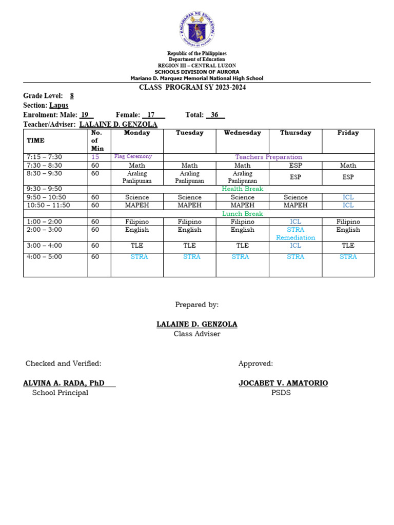 Class Program SY 2023-2024: Grade 8 | PDF | Pedagogy | Cognition