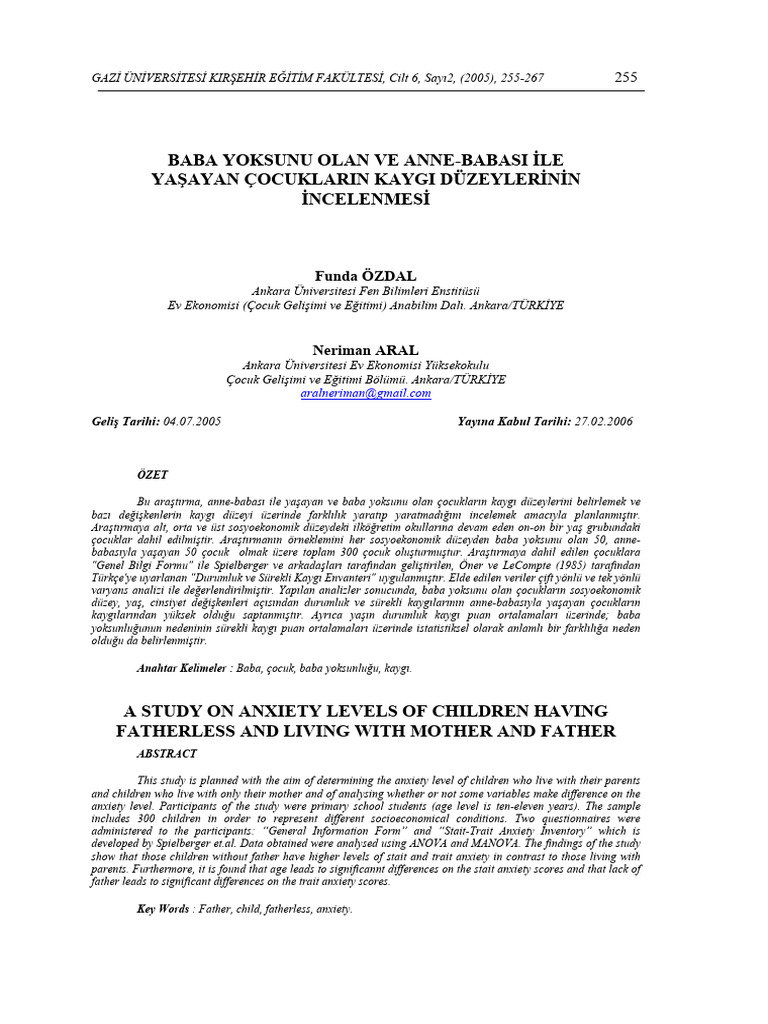 Baba Yoksunu Olan Ve Anne-Babasi - Le Ya - Ayan - Ocuklarin Kaygi D - Zeyler - N - N - Ncelenmes ...