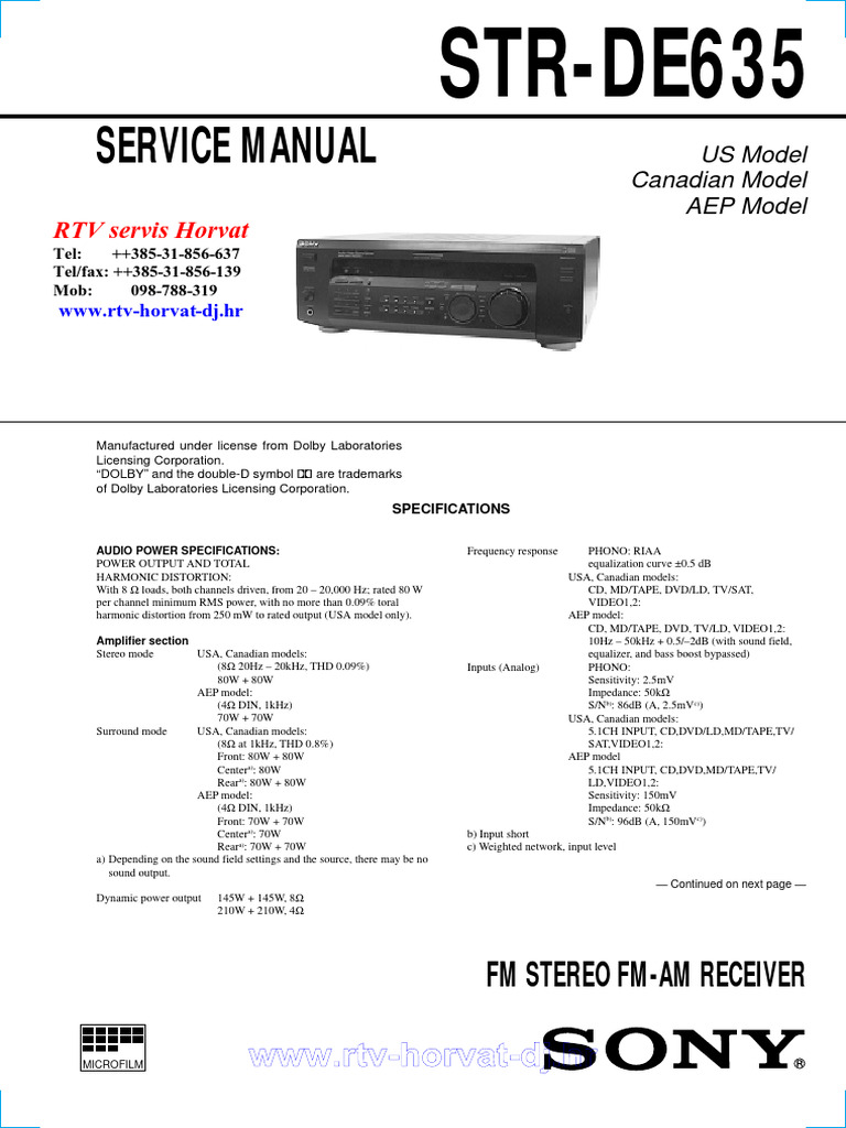 Sony DTS Amplifier Model STRDE635 | PDF | Equalization (Audio ...