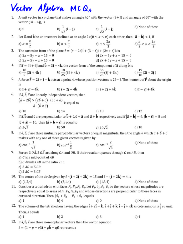 Vector Algebra MCQs | PDF
