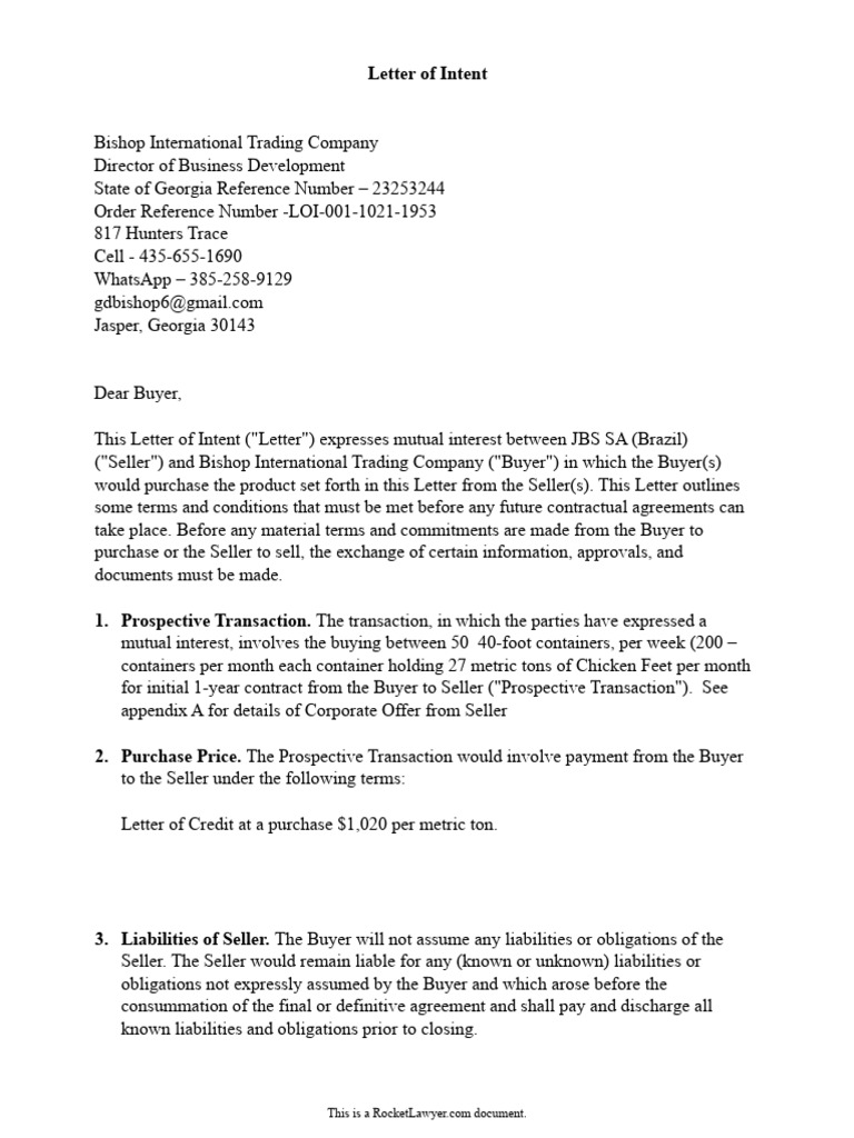 3 28 24 JBS Letter of Intent (LOI) | PDF | Sales | Legal Liability