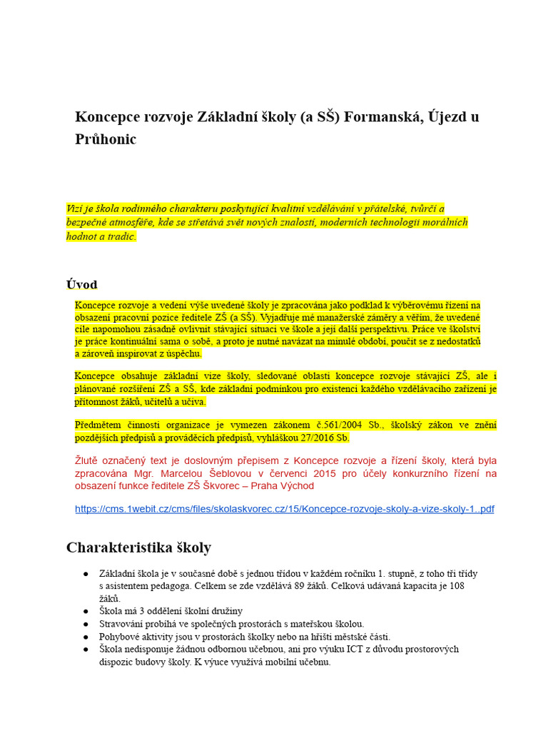 Volba Reditele Skoly ZS Formanska Pi Petakova Koncepce Okomentovana | PDF