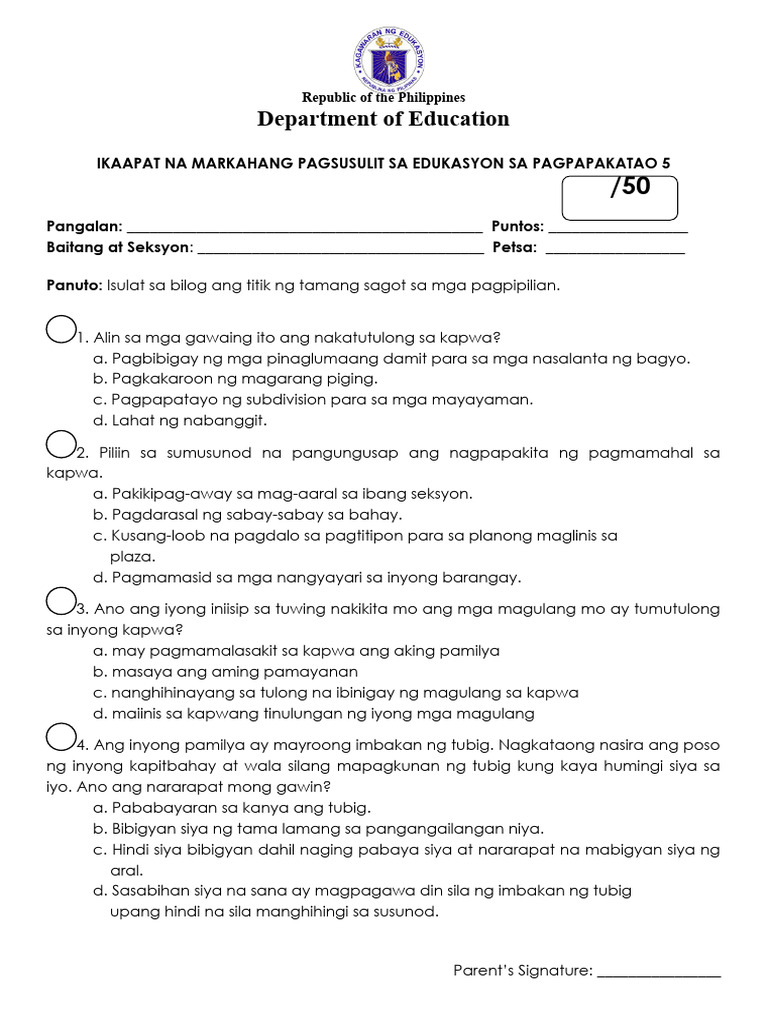 Grade 5 Q4 ESP Periodical Test | PDF