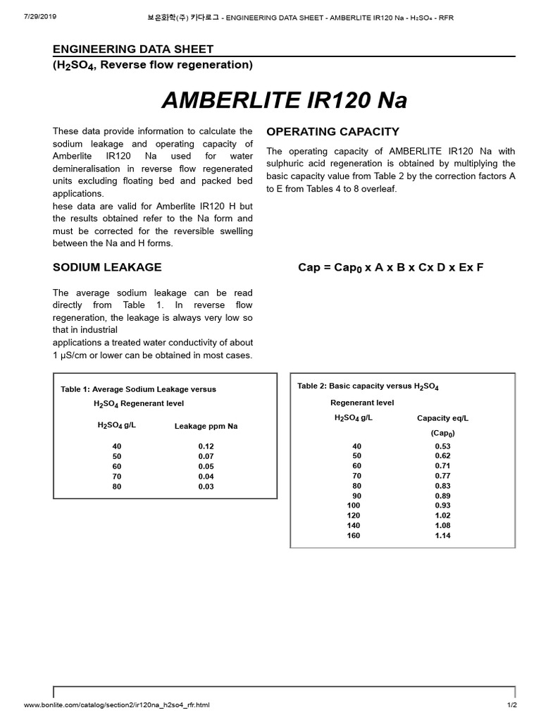 ENGINEERING DATA SHEET - AMBERLITE IR120 Na - H SO - RFR | PDF | Sodium ...