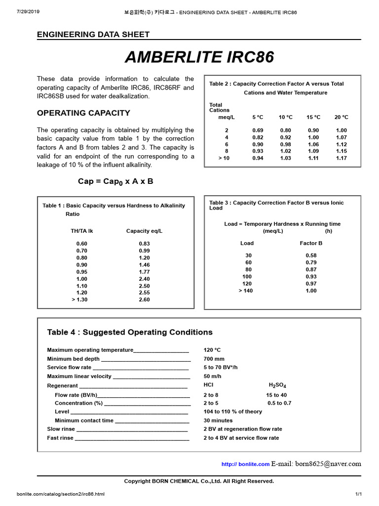 Engineering Data Sheet - Amberlite Irc86 | PDF | Alkalinity | Continuum ...