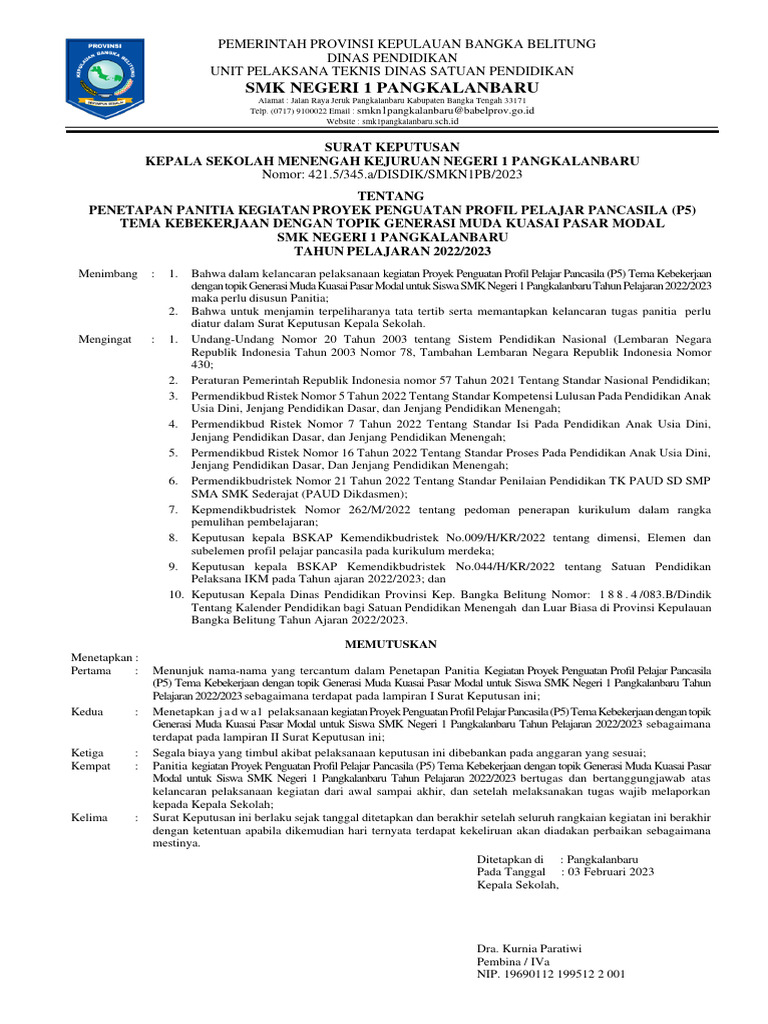 SK Panitia P5 Kebekerjaan Generasi Muda Kuasai Pasar Modal 2022-2023.fix | PDF