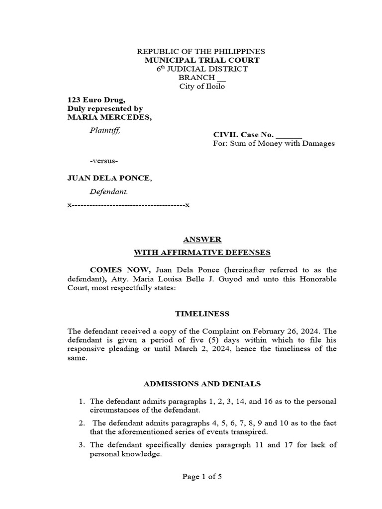 Answer Draft | PDF | Lawsuit | Public Law