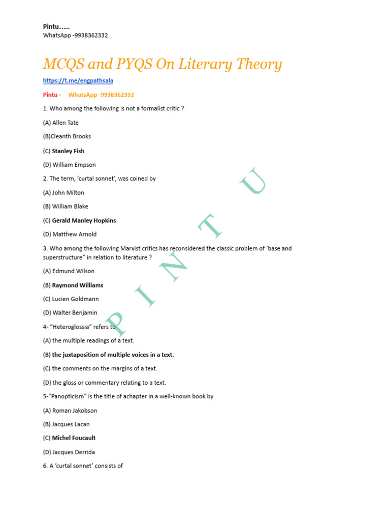 MCQs and PYQs On Literary Theory (Pintu) | PDF | Discourse | Postmodernism